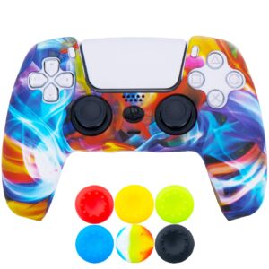 9cdeer 1 piece of silicone transfer print protective thick cover skin + 6 thumb grips for playstation 5 / ps5 controller rainbow