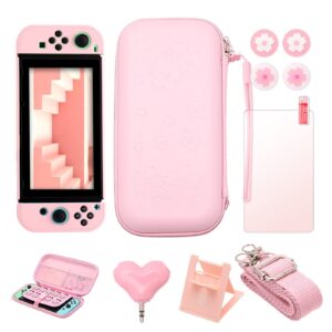 switch pink accessories, switch pink carrying case, switch pink protective case, cute thumb grips, headphone adapter, desktop stand, screen protector, wrist strap and shoulder strap