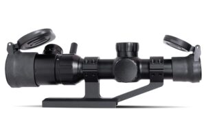 monstrum 1-4x20 rifle scope with rangefinder reticle | zr255 h-series offset scope mount | monstrum flip up lens cover set | bundle