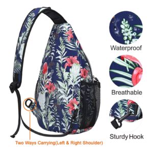 MOSISO Sling Backpack,Travel Hiking Daypack Pattern Rope Crossbody Shoulder Bag, Navy Blue Base Tulip