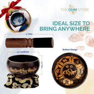 Sun in Moon Singing Bowl Set by Ohm Store — Black Etched Sound Bath Bowl Instrument — Unique, Handmade for Spiritual Healing, Reflection, Boho Décor, and Meditation