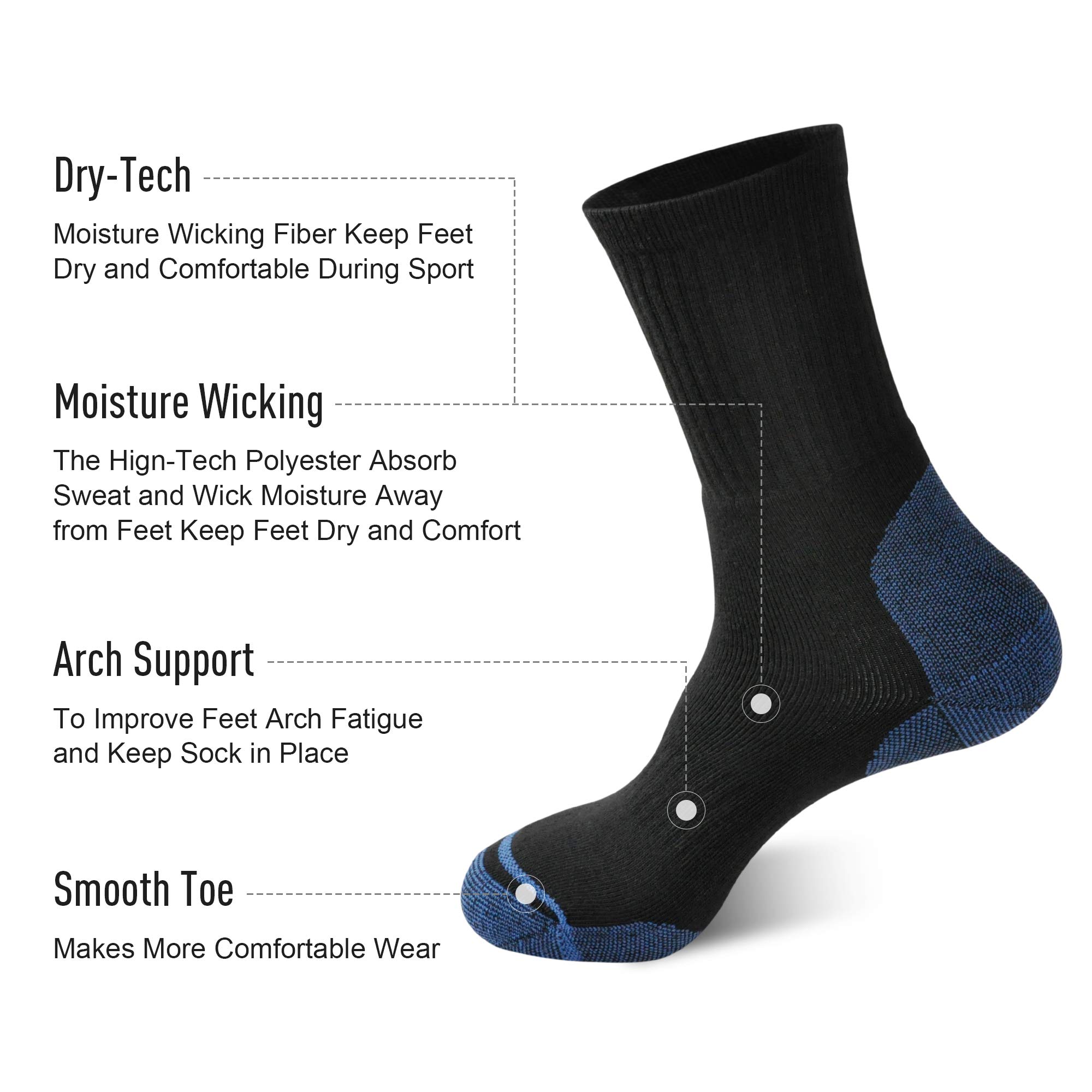 ECOEY Men's Work Boots Athletic Running Crew Socks, Dry-Tech Moisture Wicking Heavy Cushion 8 Pairs (Black+Blue, US Shoe Size: Men 7-9/Women 8.5-10.5)