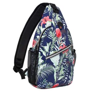 mosiso sling backpack,travel hiking daypack pattern rope crossbody shoulder bag, navy blue base tulip