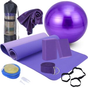 yoga beginners kit yoga blocks 2 pack yoga strap yoga ball yoga mat with carrying strap net bag sports cooling towel,yoga mat kits and sets for beginners 11-piece yoga starter kit for women (purple)