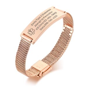 vnox medical alert bracelets for men & women with free engraving adjustable stainless steel mesh emergency medical id bracelets wristband,rose gold