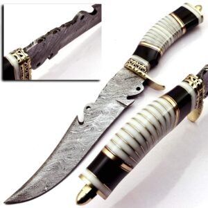 skokie knives custom hand made damascus steel hunting fixed blade knife handle camel bone with brass spacer