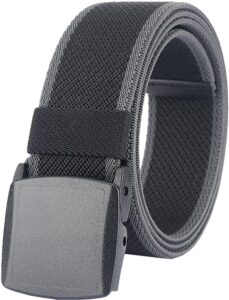 lionvii men's elastic stretch belts - breathable canvas web belt for men no-metal plastic buckle for travel work adjustable [49" l x 1.5" w](black & gray)