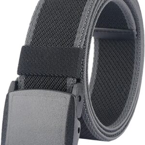 LionVII Men's Elastic Stretch Belts - Breathable Canvas Web Belt for Men No-Metal Plastic Buckle for Travel Work Adjustable [49" L x 1.5" W](Black & Gray)