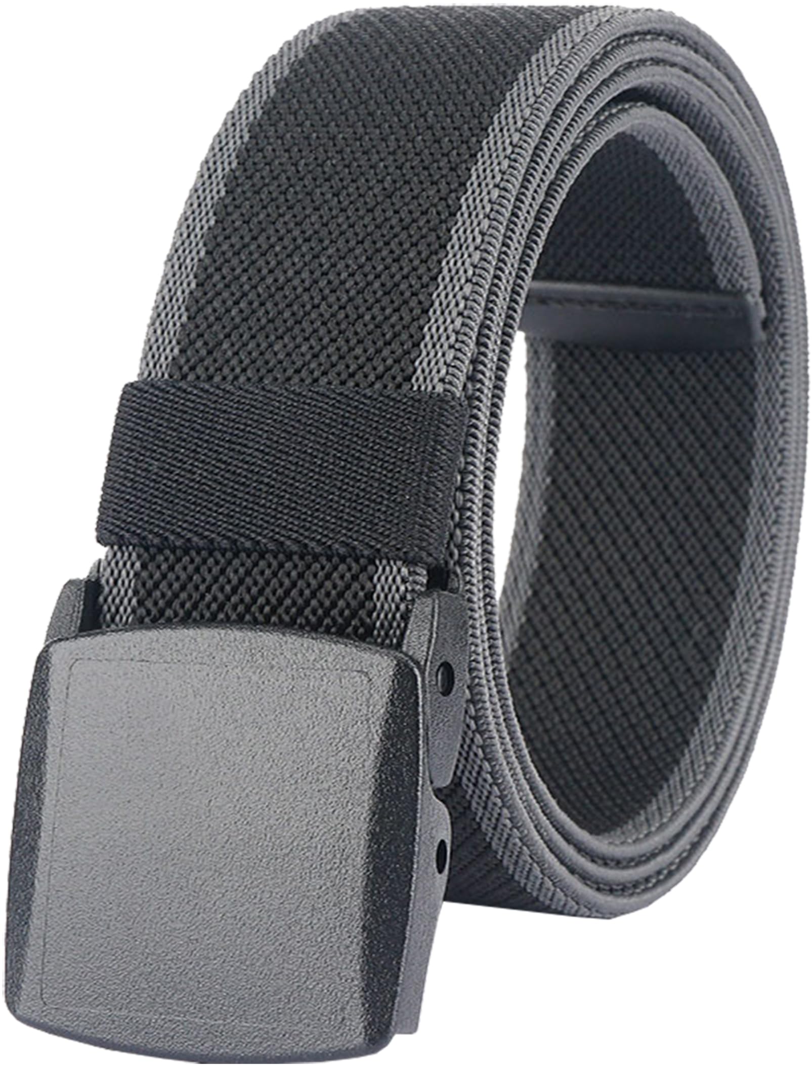 LionVII Men's Elastic Stretch Belts - Breathable Canvas Web Belt for Men No-Metal Plastic Buckle for Travel Work Adjustable [49" L x 1.5" W](Black & Gray)