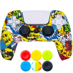 9cdeer 1 piece of silicone transfer print protective thick cover skin + 6 thumb grips for playstation 5 / ps5 controller cartoon skulls