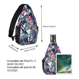 MOSISO Sling Backpack,Travel Hiking Daypack Pattern Rope Crossbody Shoulder Bag, Navy Blue Base Tulip