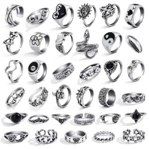 35 pcs vintage silver knuckle rings set for women men, grunge gothic rings chunky aesthetic snake stackable ring adjustable y2k punk bulky boho finger alt fairy skull frog heart star flower midi ring pack