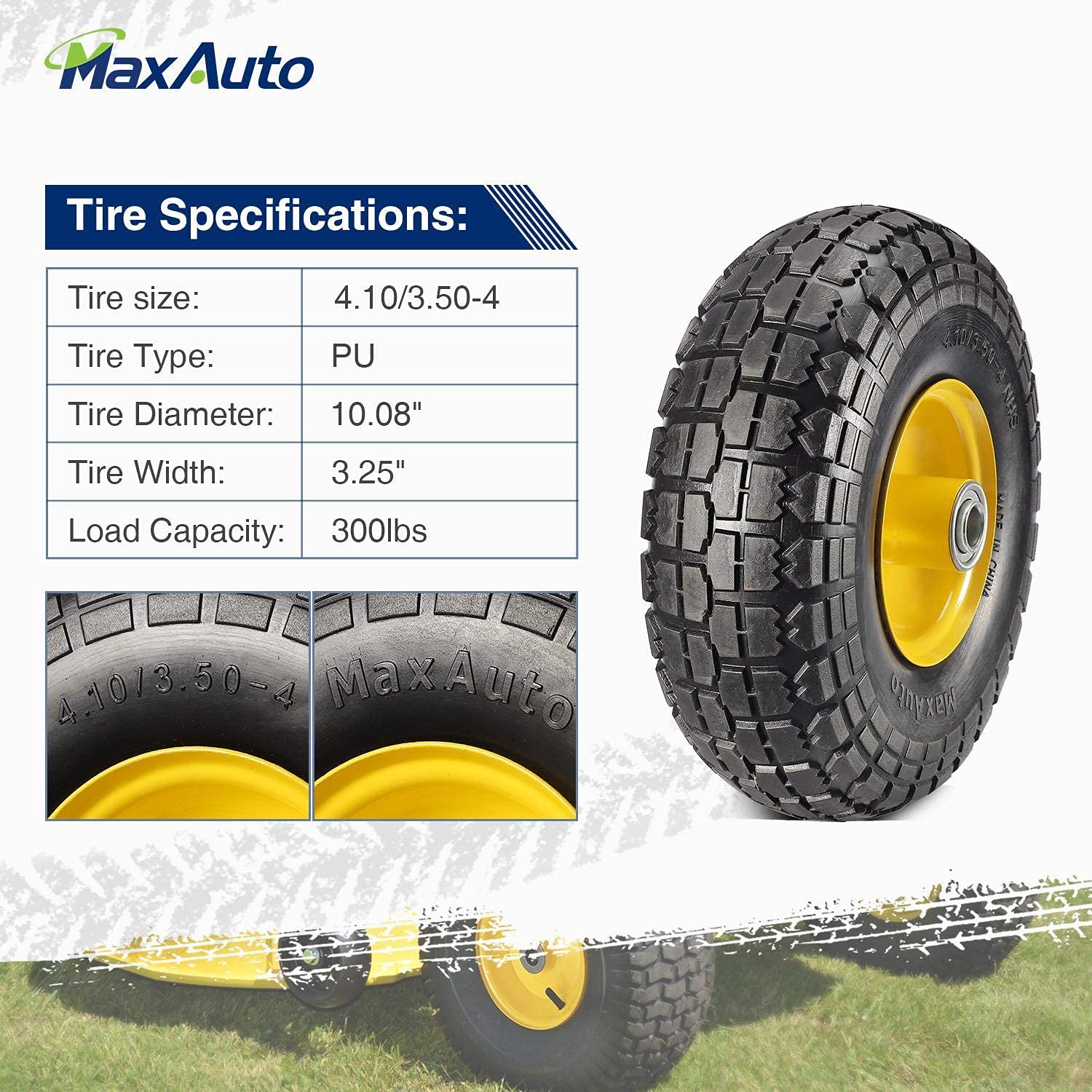 MaxAuto 10 Inch Solid Rubber Tires 4.10 3.50-4 Flat Free Tire 4.10/3.50-4 Tire and Wheel, 2.25" Offset Hub, 5/8" Bearings, for Hand Truck, Trolley, Garden Cart, Lawn Mower, Garden Wagon, Wheelbarrow