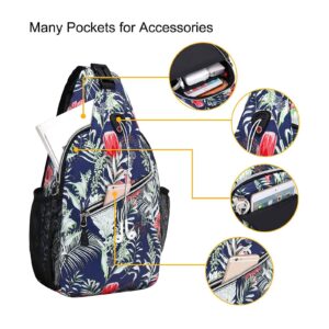 MOSISO Sling Backpack,Travel Hiking Daypack Pattern Rope Crossbody Shoulder Bag, Navy Blue Base Tulip