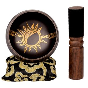 sun in moon singing bowl set by ohm store — black etched sound bath bowl instrument — unique, handmade for spiritual healing, reflection, boho décor, and meditation