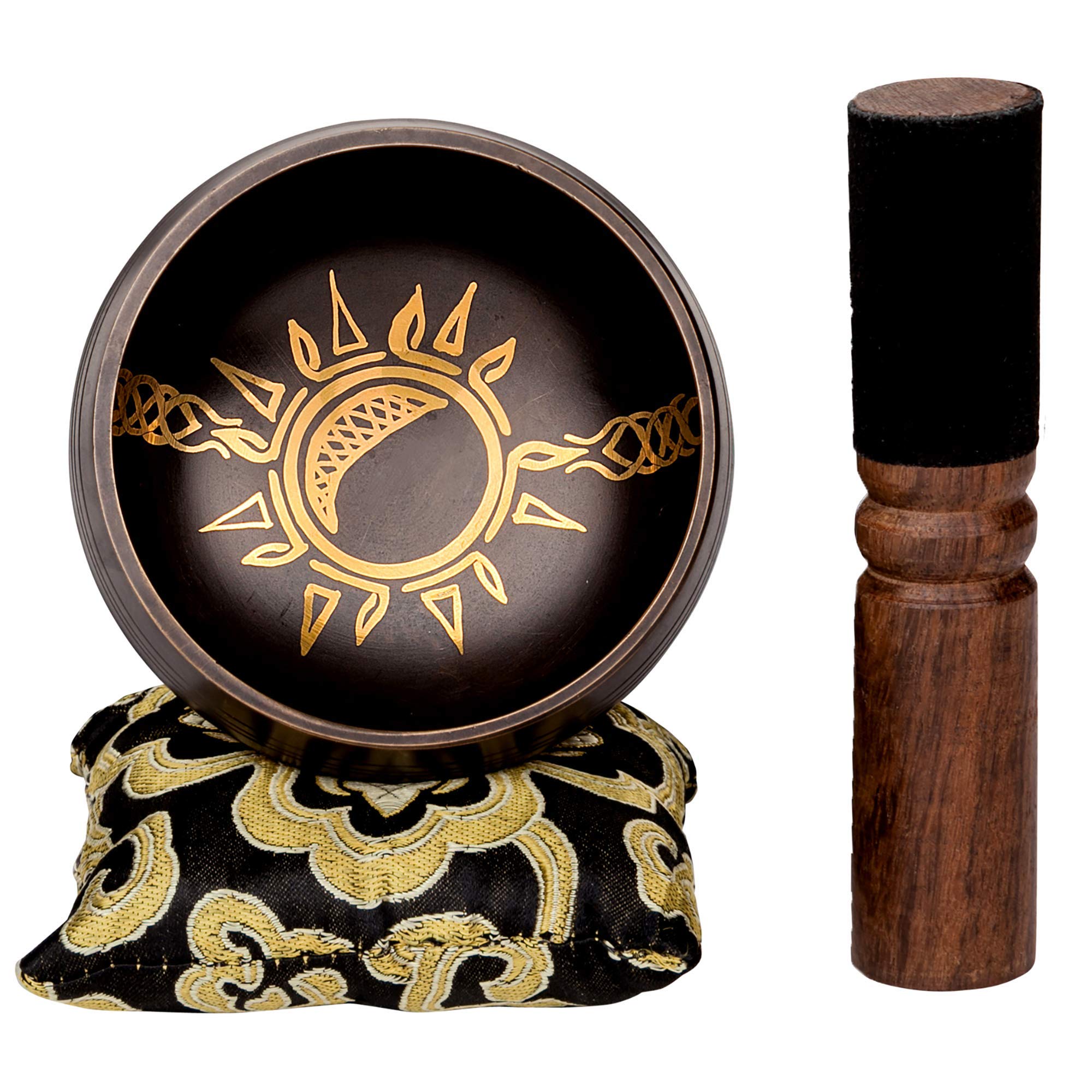 Sun in Moon Singing Bowl Set by Ohm Store — Black Etched Sound Bath Bowl Instrument — Unique, Handmade for Spiritual Healing, Reflection, Boho Décor, and Meditation