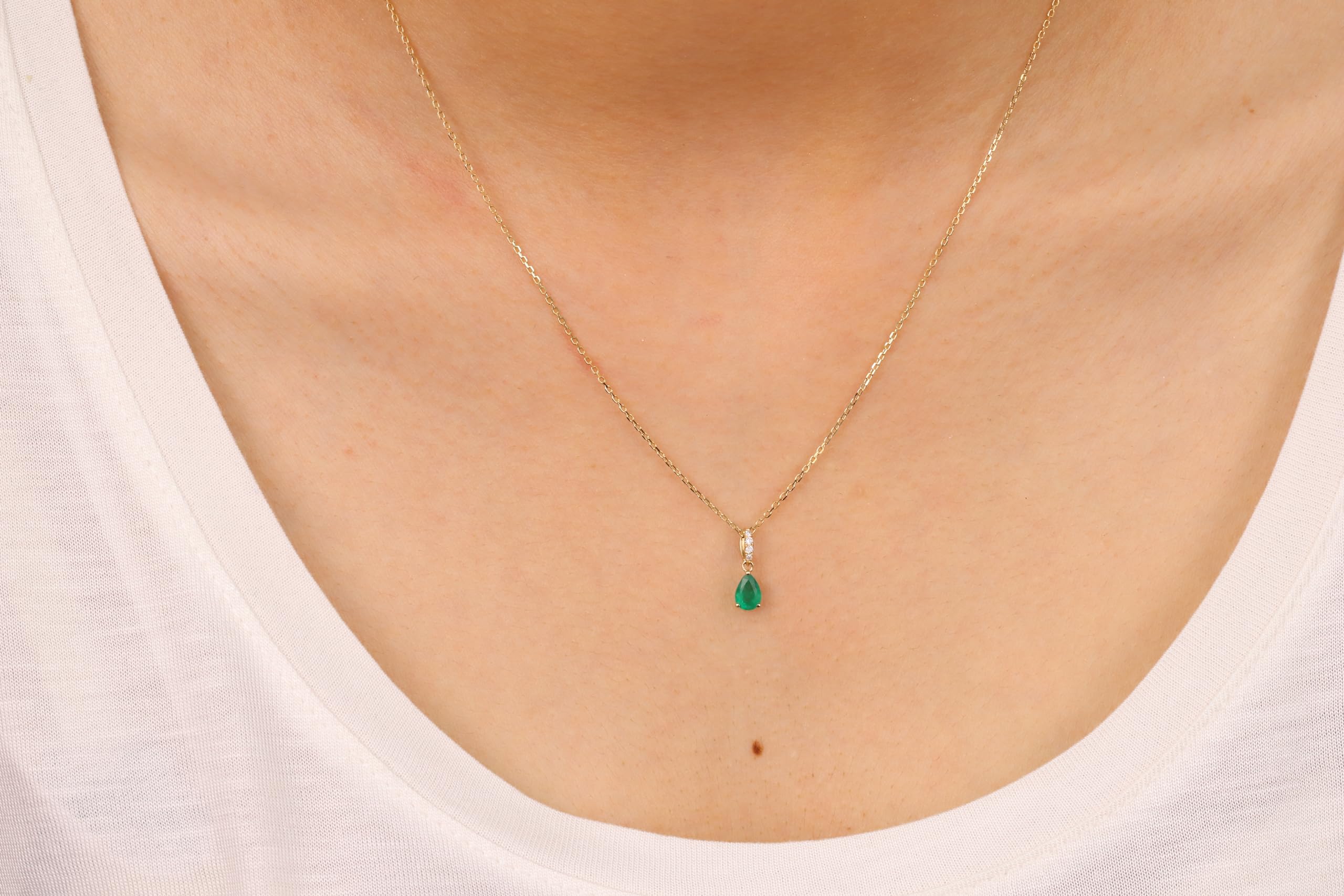 Gin & Grace 10K Yellow Gold Natural Zambian Emerald Pendant with natural Diamonds for women | Ethically, authentically & organically sourced Pear-cut Emerald hand-crafted jewelry for her, Valentine's Day Gift for her