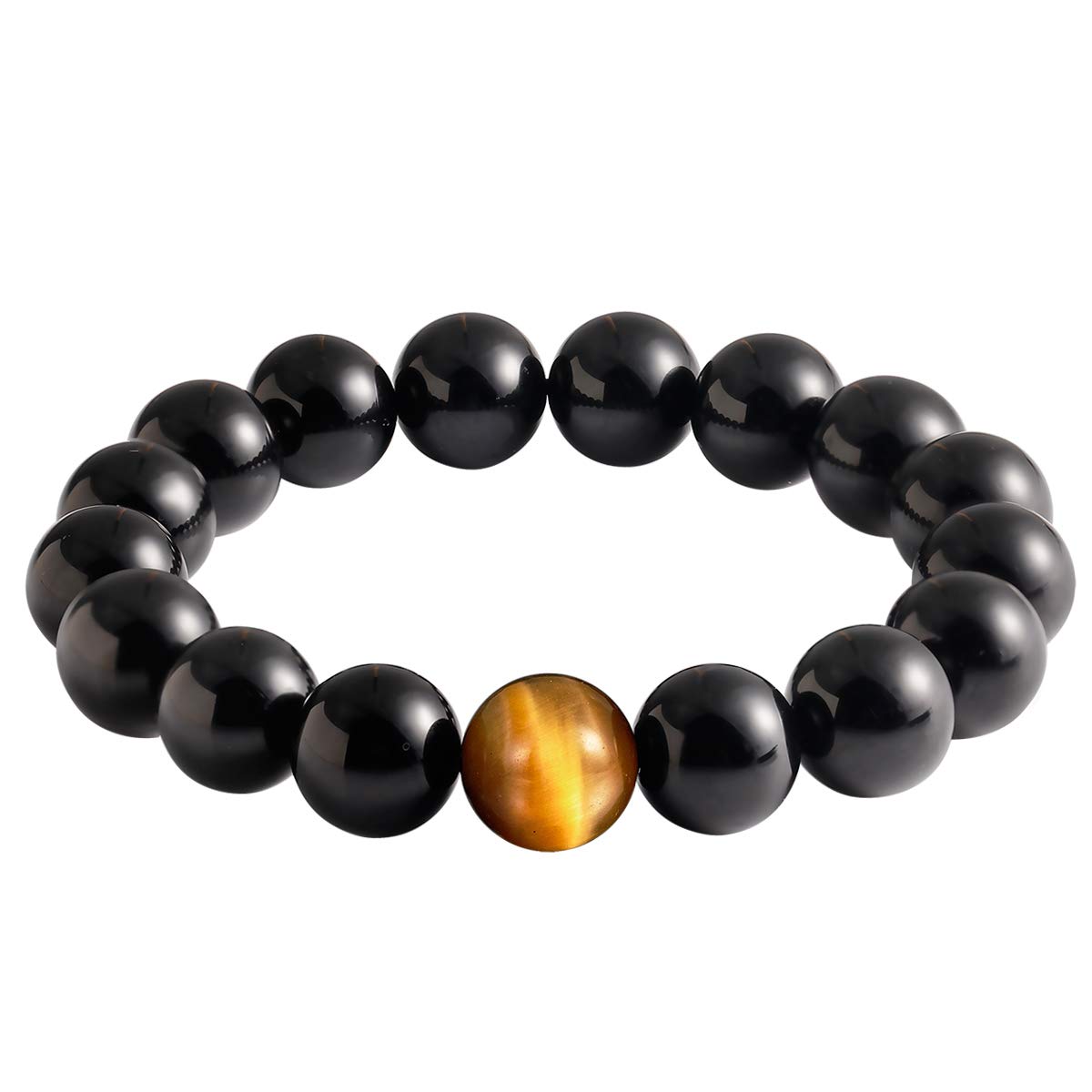 Jewever Tiger Eye black obsidian Bracelet For Men Women 12mm beads Stone Energy Healing Crystal Unisex Stretch