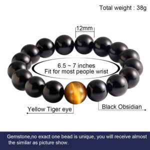 Jewever Tiger Eye black obsidian Bracelet For Men Women 12mm beads Stone Energy Healing Crystal Unisex Stretch