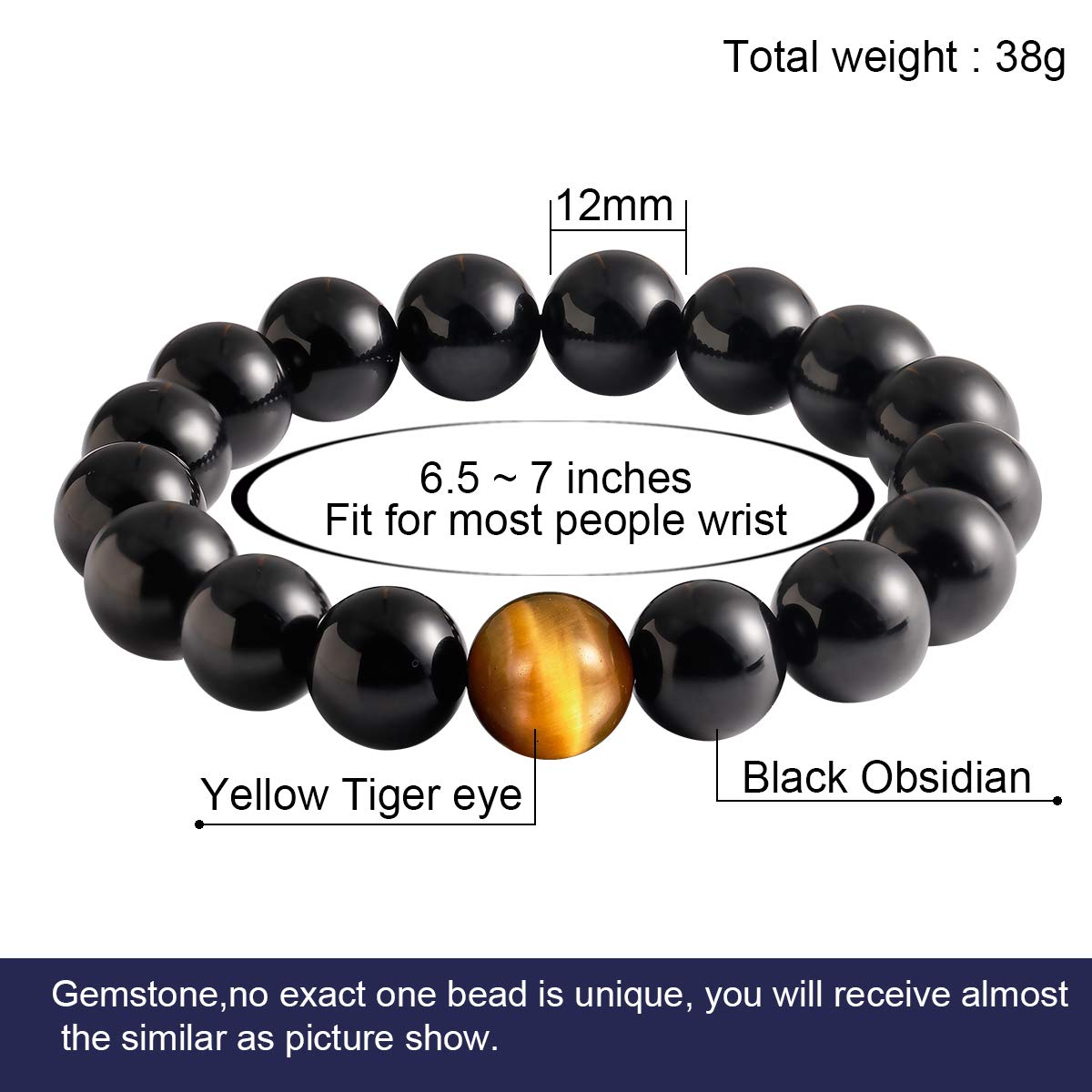 Jewever Tiger Eye black obsidian Bracelet For Men Women 12mm beads Stone Energy Healing Crystal Unisex Stretch