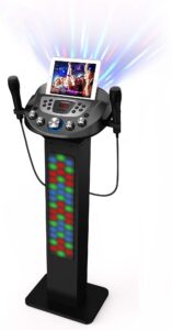 starion ks829-b bluetooth karaoke machine l pedestal design w/light show l 4 built-in speakers & 2 tweeters l two usb for bluetooth / mp3 record & playback l disco ball effect l two microphones