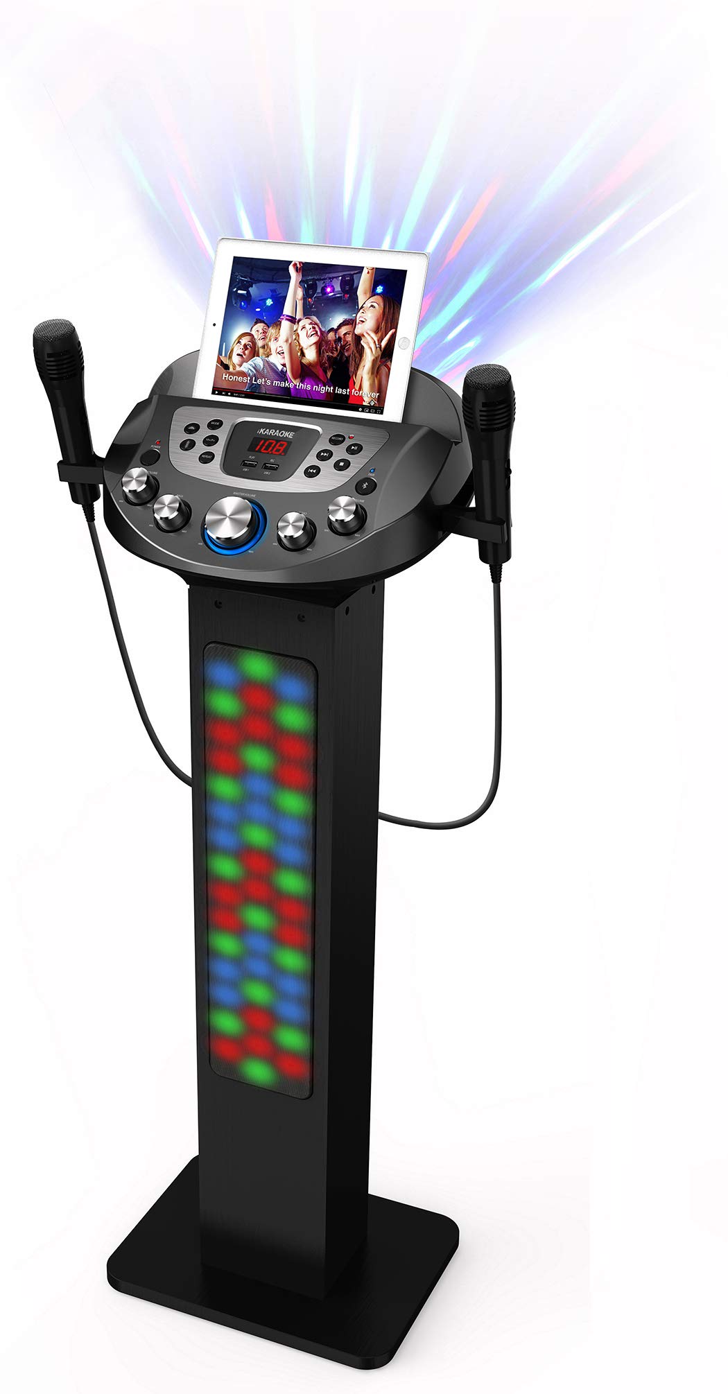 Starion KS829-B Bluetooth Karaoke Machine l Pedestal Design w/Light Show l 4 Built-in Speakers & 2 Tweeters l Two USB for Bluetooth / MP3 Record & Playback l Disco Ball Effect l Two Microphones