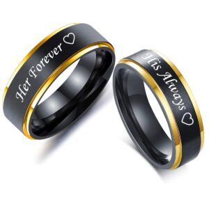 mzzj her forever&his always couple ring 8mm&6mm black brushed 2 tone stainless steel gold plated step edge wedding band engagement matching ring for him her,valentine's day