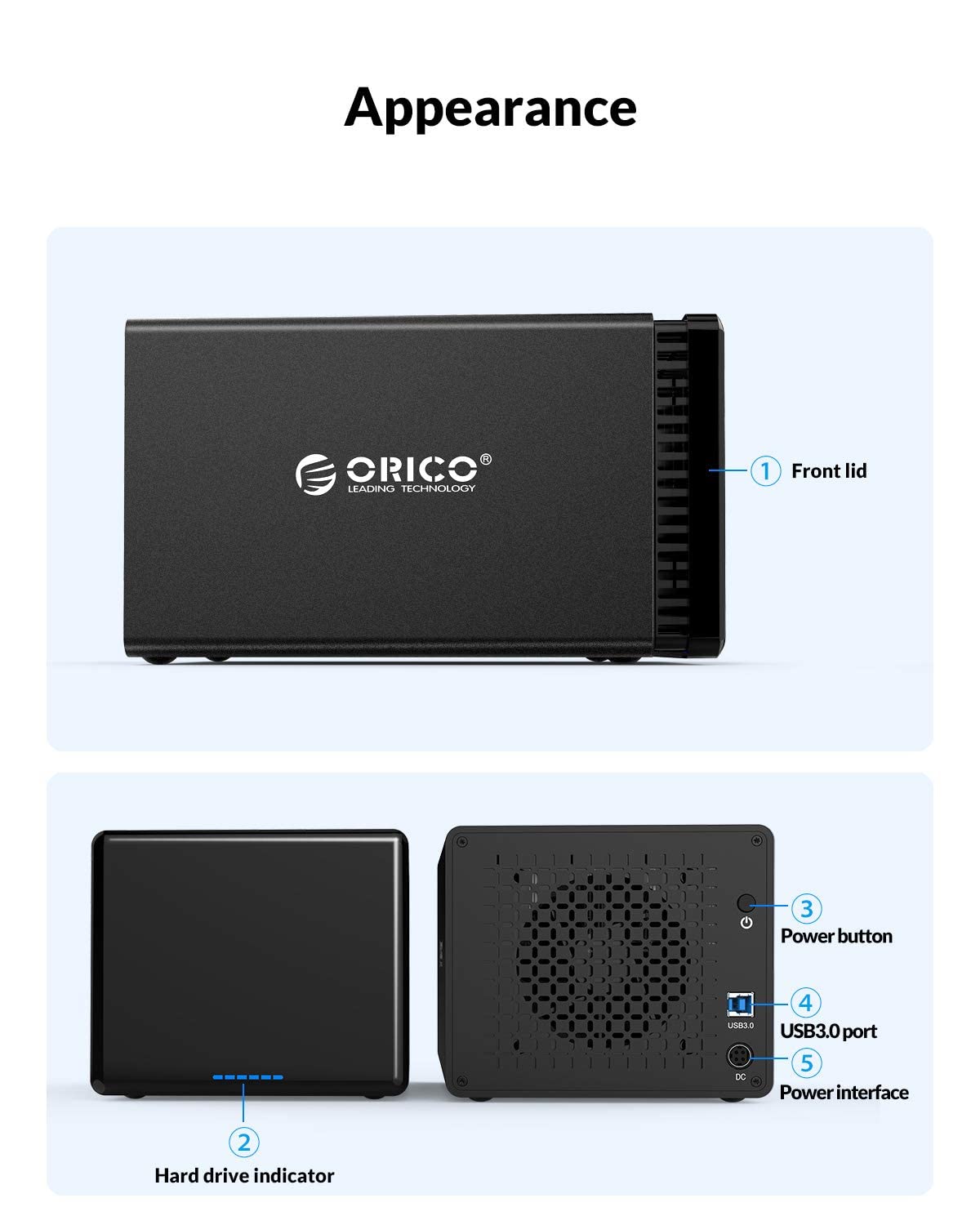 ORICO 5 Bay External Hard Drive Enclosure Magnetic Aluminum 3.5inch USB 3.0 to SATA HDD Enclosure for Enterprise Storage Expansion Up to 80TB(5X16TB) with Build-in Fan and 78W Power Supply - NS500U3