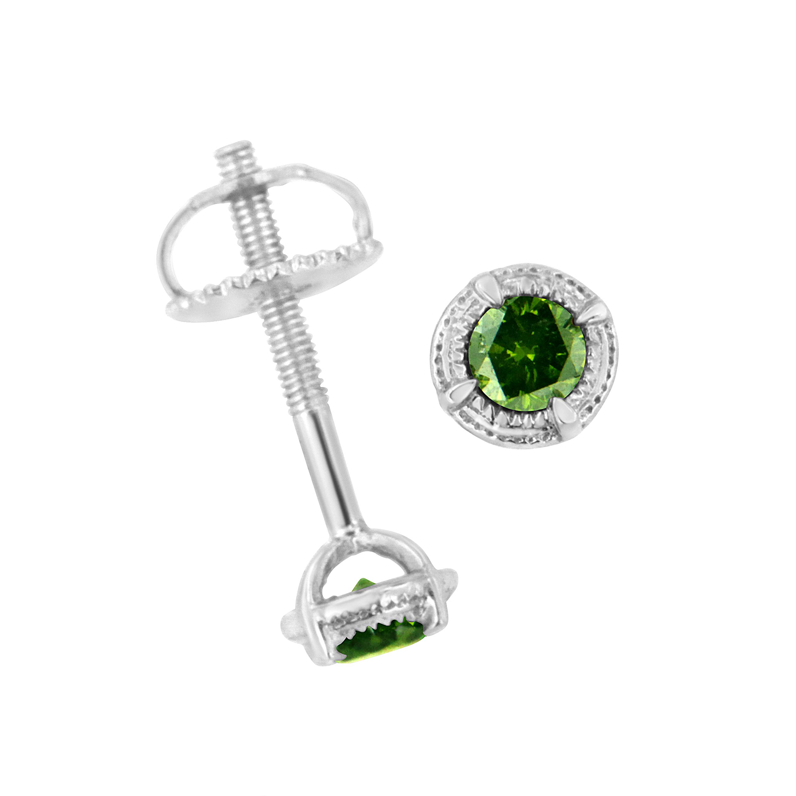 .925 Sterling Silver 1/4 cttw Treated Green Diamond Modern 4-Prong Solitaire Milgrain Stud Earrings (Green Color, I1-I2 Clarity)