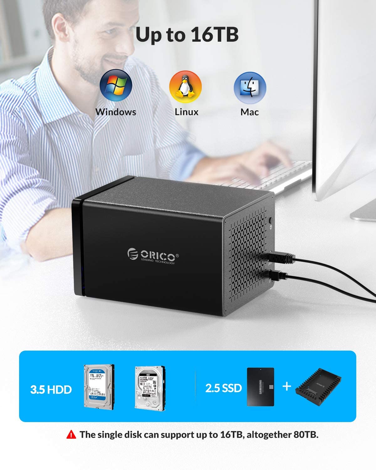 ORICO 5 Bay External Hard Drive Enclosure Magnetic Aluminum 3.5inch USB 3.0 to SATA HDD Enclosure for Enterprise Storage Expansion Up to 80TB(5X16TB) with Build-in Fan and 78W Power Supply - NS500U3