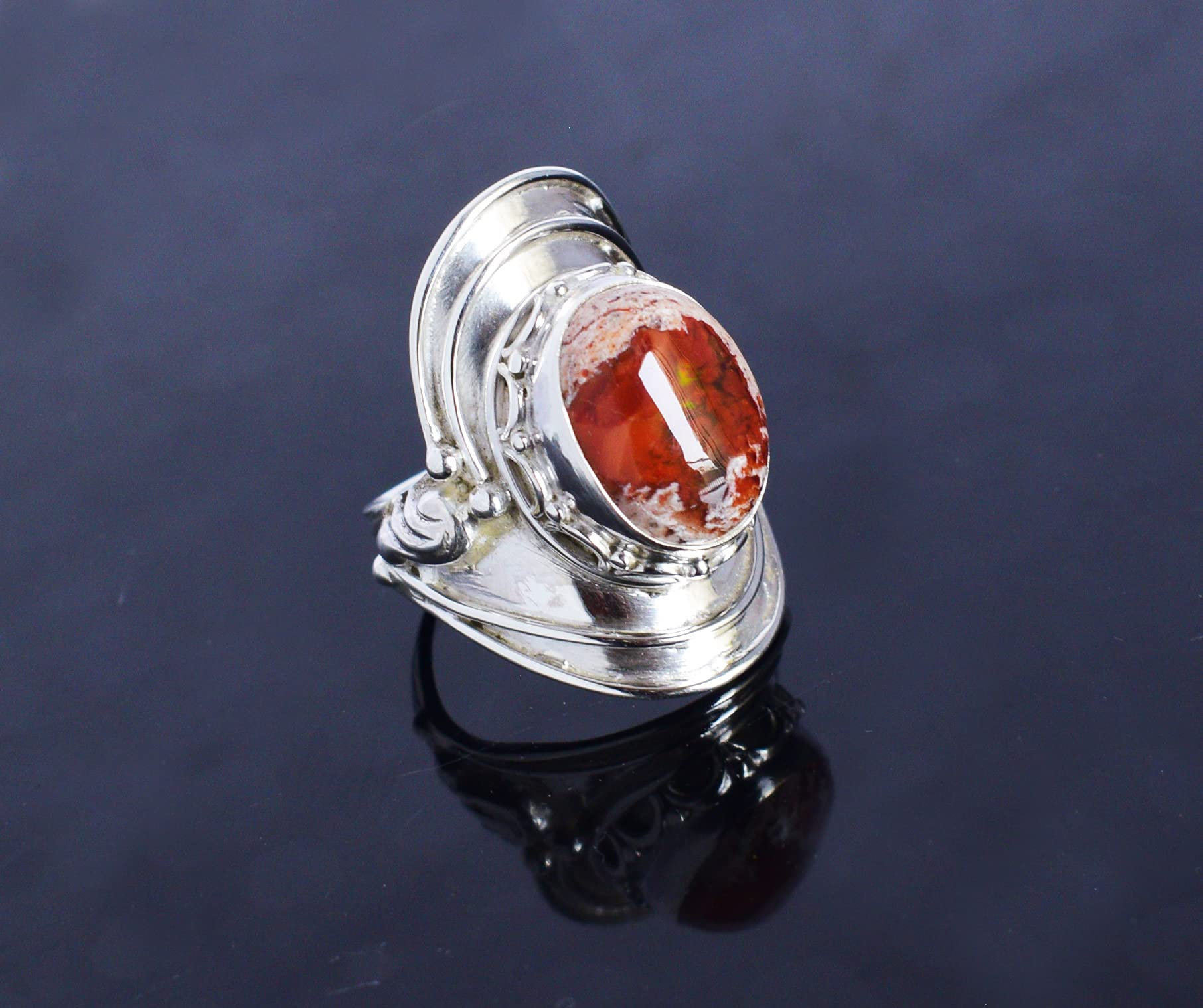 Ravishing Impressions Amazing Mexican Fire Opal Gemstone 925 Solid Sterling Silver Ring Designer Jewelry