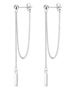 milacolato 925 sterling silver chain earrings for women 14k white gold plated chain dangle bar earrings hypoallergenic stud earrings with drop tassel chain for sensitive ears