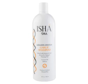 isha dna keratin system shampoo - infused with garlic extract for damaged, thinning hair - promotes growth, sulfate and paraben free