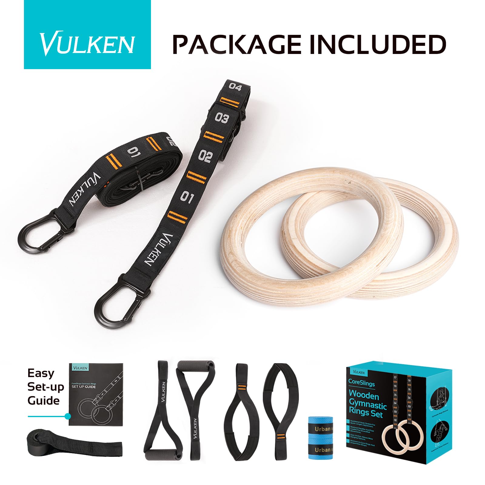 Vulken Wooden Gymnastic Rings with Adjustable Numbered Straps. 1.25'' Olympic Rings for Core Workout, Crossfit, Bodyweight Training. Home Gym Rings with 8.5ft Exercise Straps and Workout Handles. Blue