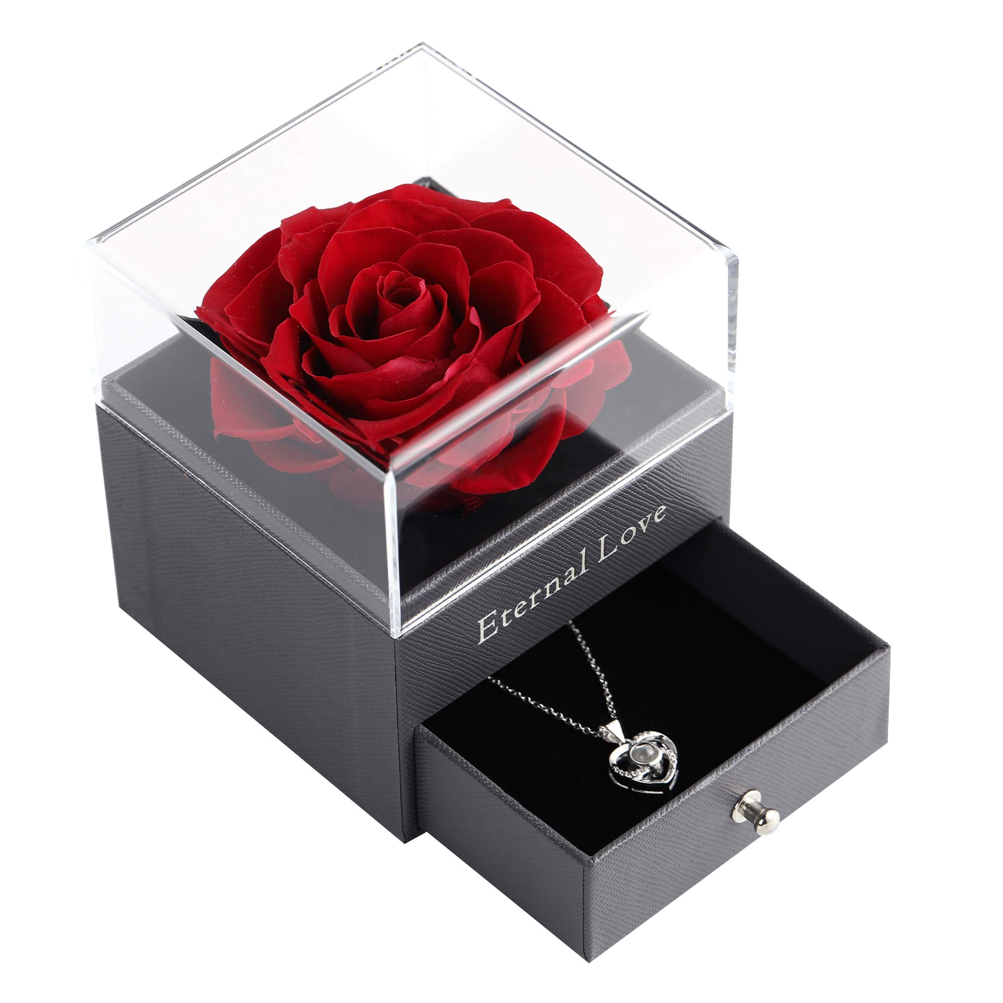 Ocosy Mothers Day Flower Gifts for Her, Preserved Real Flower Rose with Silver-Tone Heart Necklace I Love You in 100 Languages Gift Set, Enchanted Flower Rose Gifts, Red