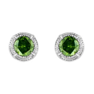 .925 sterling silver 1/4 cttw treated green diamond modern 4-prong solitaire milgrain stud earrings (green color, i1-i2 clarity)