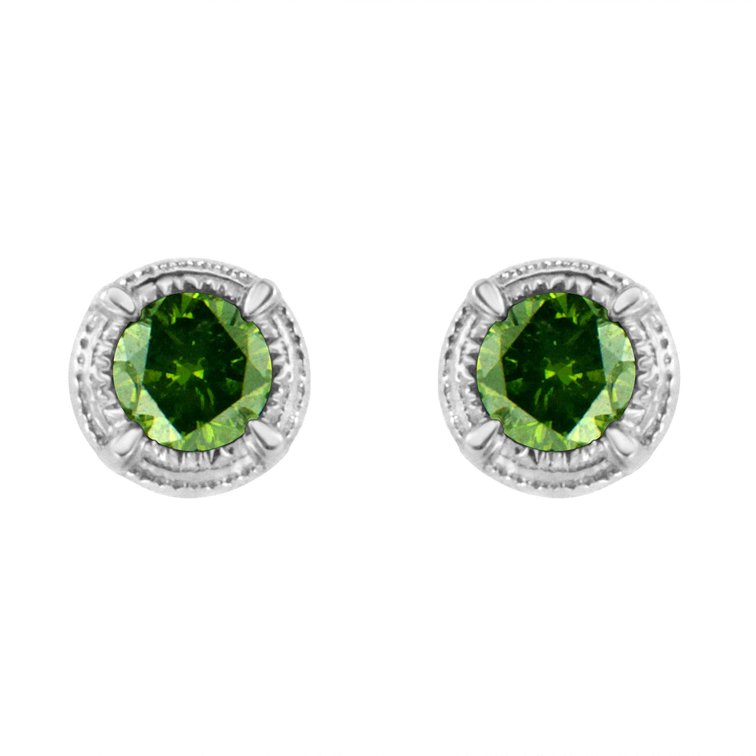 .925 Sterling Silver 1/4 cttw Treated Green Diamond Modern 4-Prong Solitaire Milgrain Stud Earrings (Green Color, I1-I2 Clarity)