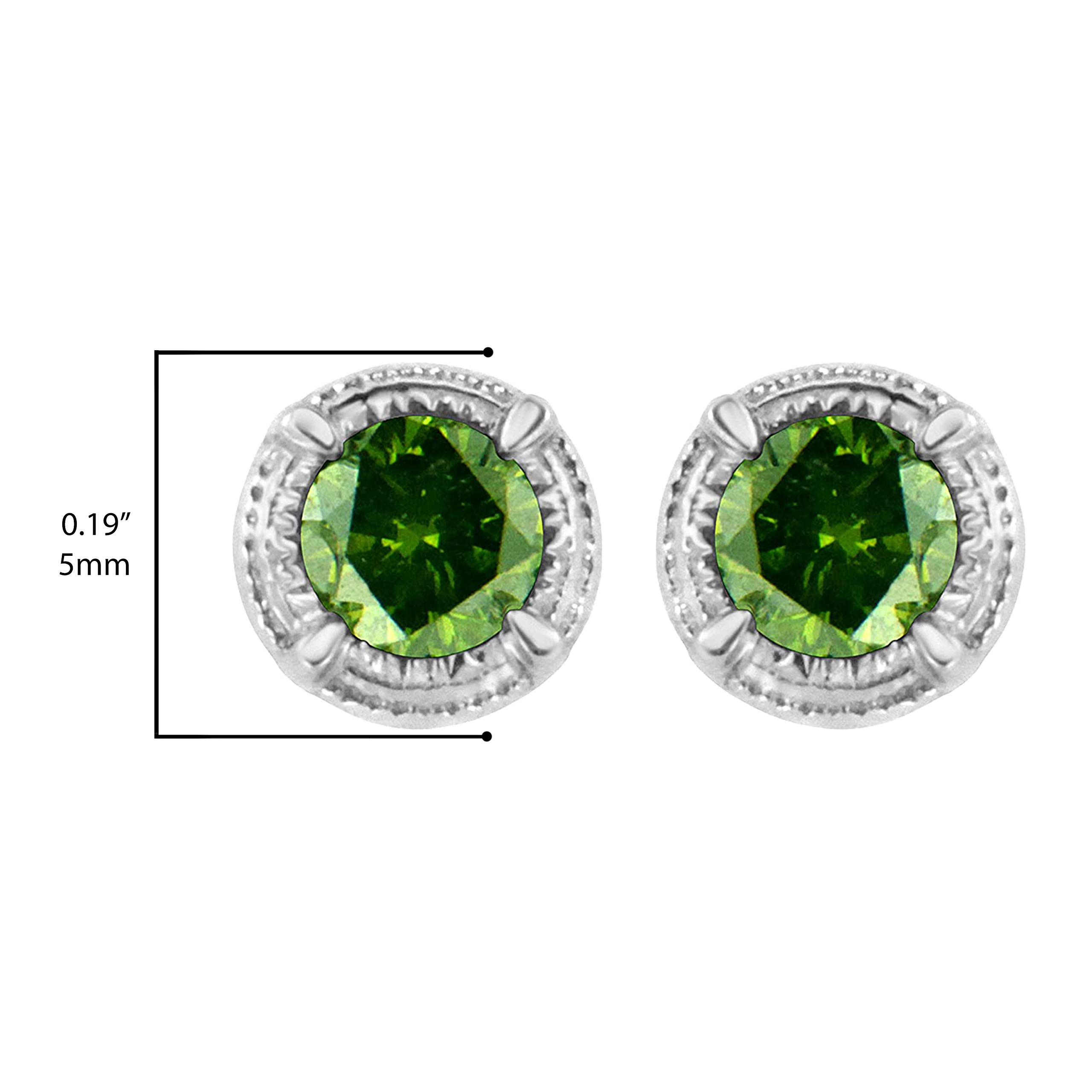 .925 Sterling Silver 1/4 cttw Treated Green Diamond Modern 4-Prong Solitaire Milgrain Stud Earrings (Green Color, I1-I2 Clarity)