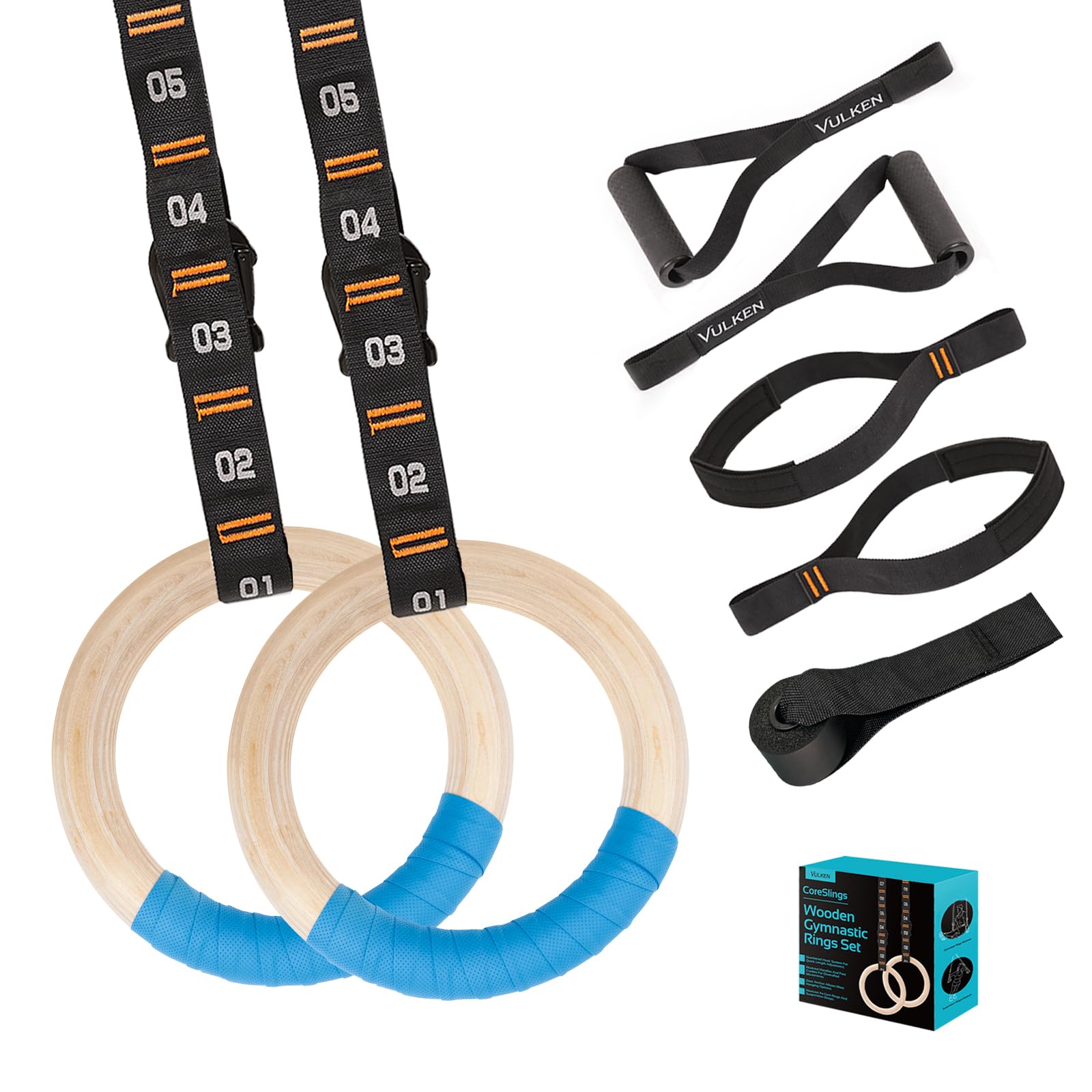 Vulken Wooden Gymnastic Rings with Adjustable Numbered Straps. 1.25'' Olympic Rings for Core Workout, Crossfit, Bodyweight Training. Home Gym Rings with 8.5ft Exercise Straps and Workout Handles. Blue