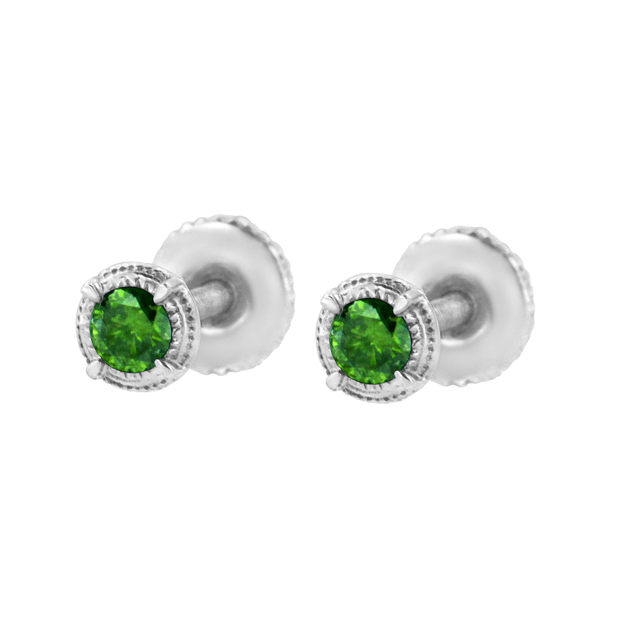 .925 Sterling Silver 1/4 cttw Treated Green Diamond Modern 4-Prong Solitaire Milgrain Stud Earrings (Green Color, I1-I2 Clarity)