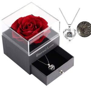 Ocosy Mothers Day Flower Gifts for Her, Preserved Real Flower Rose with Silver-Tone Heart Necklace I Love You in 100 Languages Gift Set, Enchanted Flower Rose Gifts, Red