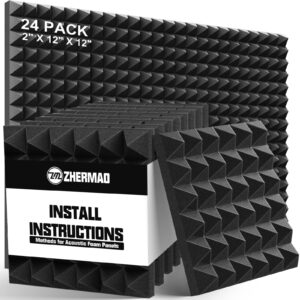 24 pack sound proof foam panels for walls 2 inches thick acoustic foam panels for wall pyramid, 2" x 12" x 12" sound absorbing dampening studio foam soundproof wall panels wedge tiles