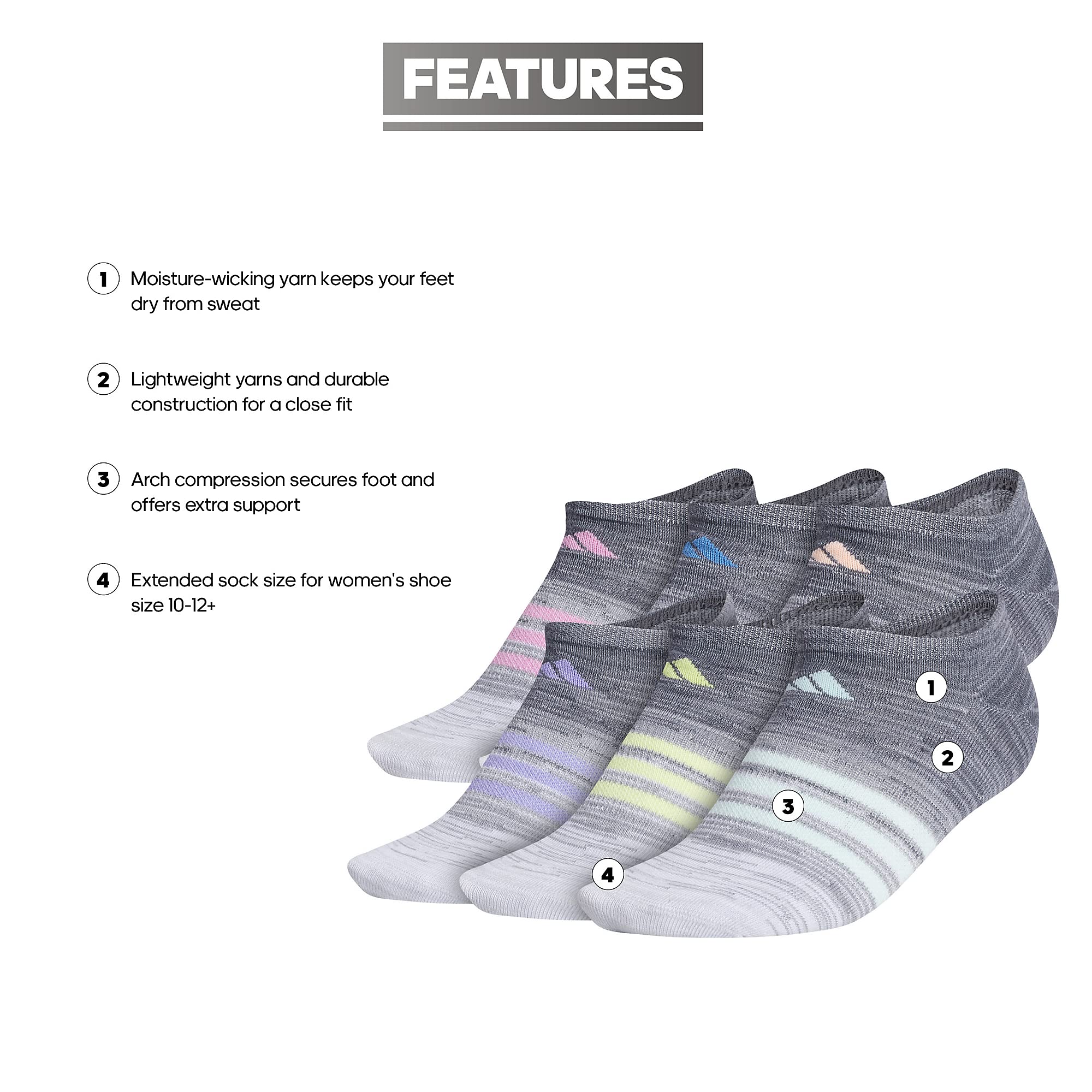 adidas Women's Superlite No Show Socks (6-Pair), Grey/Halo Mint Green/Pulse Yellow, Medium