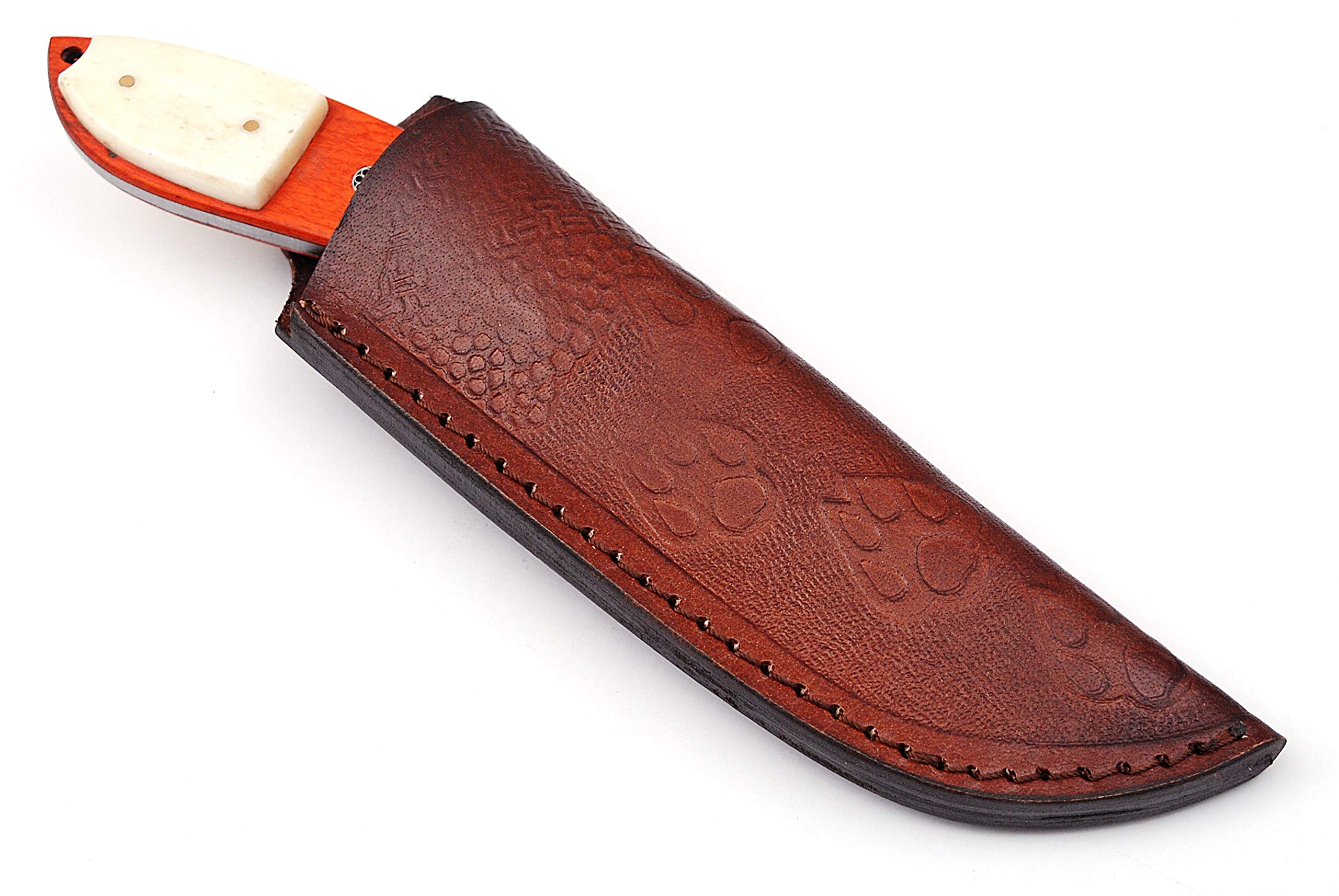 TMBrands Damascus Hunting Knife, Fixed Blade Knife, Camping Knife & Gift Knives with Rose Wood & Bone Handle & Leather Knife Sheath