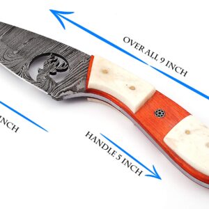 TMBrands Damascus Hunting Knife, Fixed Blade Knife, Camping Knife & Gift Knives with Rose Wood & Bone Handle & Leather Knife Sheath