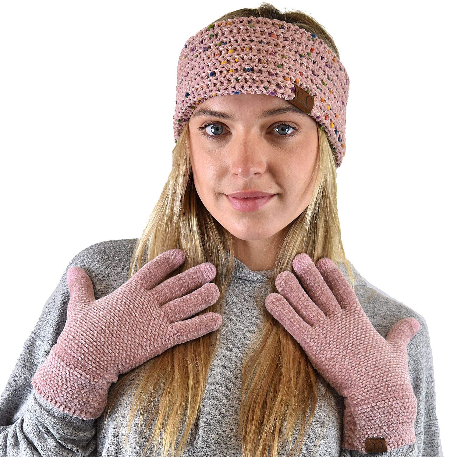 C.C Winter Warm Eco-Friendly Knit Chenille Touchscreen Texting Gloves, Rose