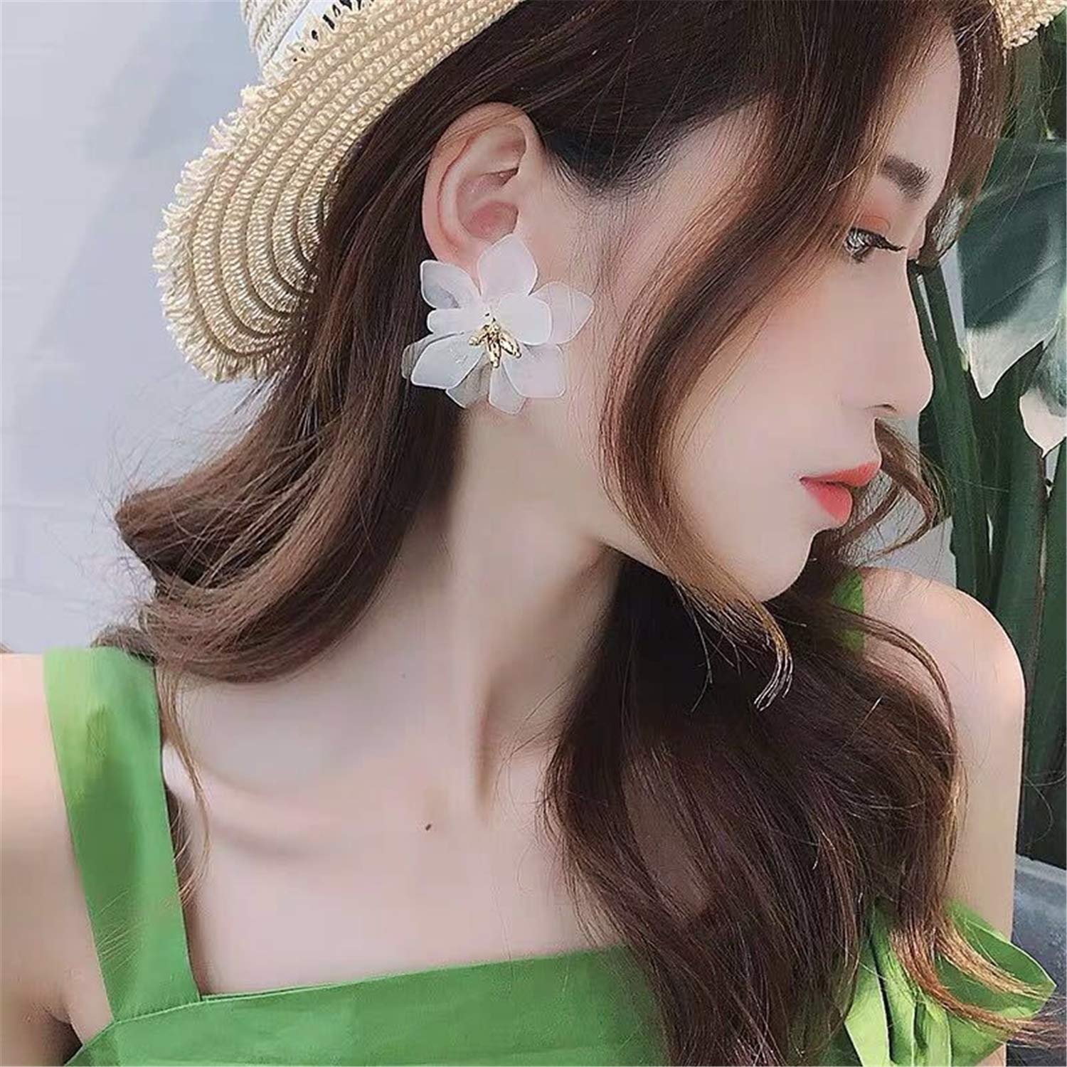 Acrylic Large Flower Stud Earrings Matte Flower Dangle Earrings with Gold Flower Bud for Women