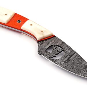 TMBrands Damascus Hunting Knife, Fixed Blade Knife, Camping Knife & Gift Knives with Rose Wood & Bone Handle & Leather Knife Sheath