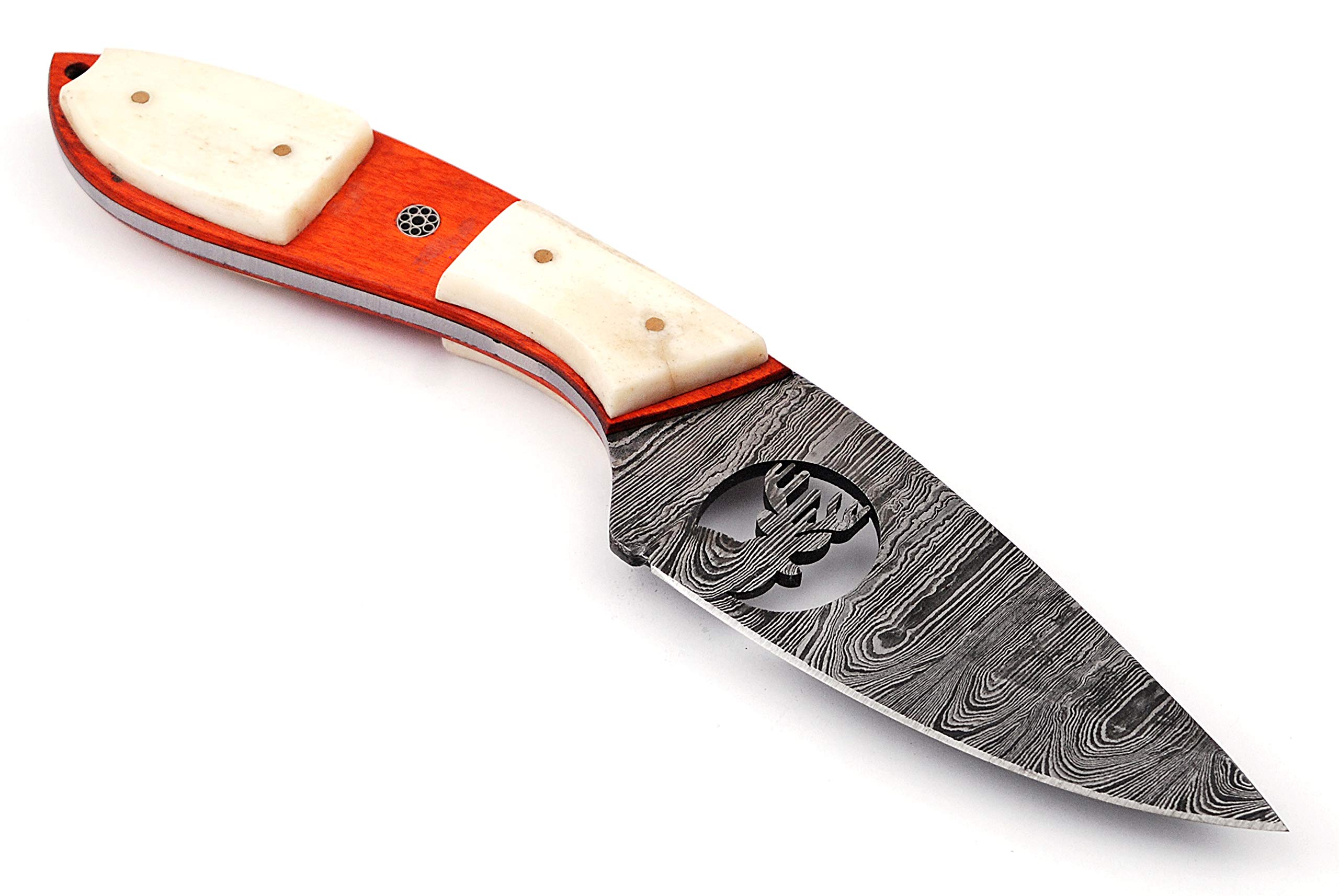 TMBrands Damascus Hunting Knife, Fixed Blade Knife, Camping Knife & Gift Knives with Rose Wood & Bone Handle & Leather Knife Sheath