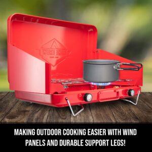 Hike Crew Gas Camping Stove | Portable Double Propane Burner | Built-in Carrying Handle, Foldable Legs & Wind Panels | Includes Regulator Tube